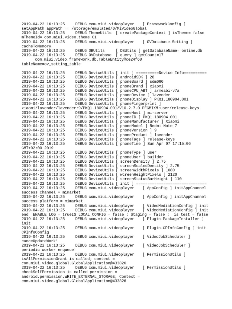 Log Entries Detailing App Initialization and Device Configuration of the Xiaomi Video Player App ...