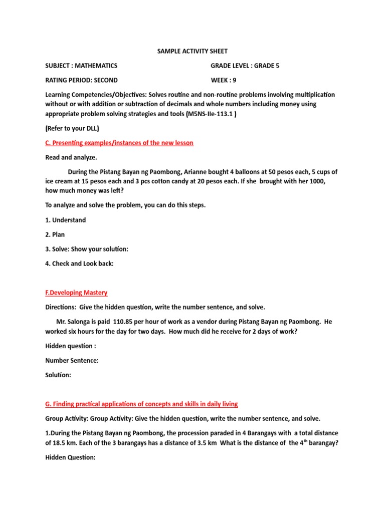 Sample Activity Sheet | PDF | Cognition | Learning