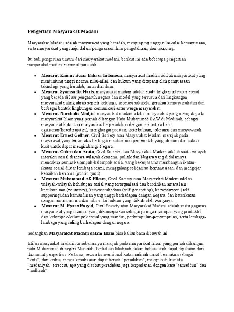 Pengertian Masyarakat Madani | PDF | Politik