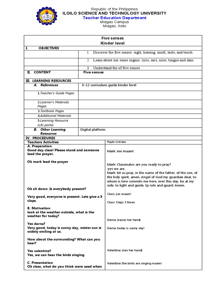 Five Senses Lesson Plan | PDF | Senses | Cognitive Science