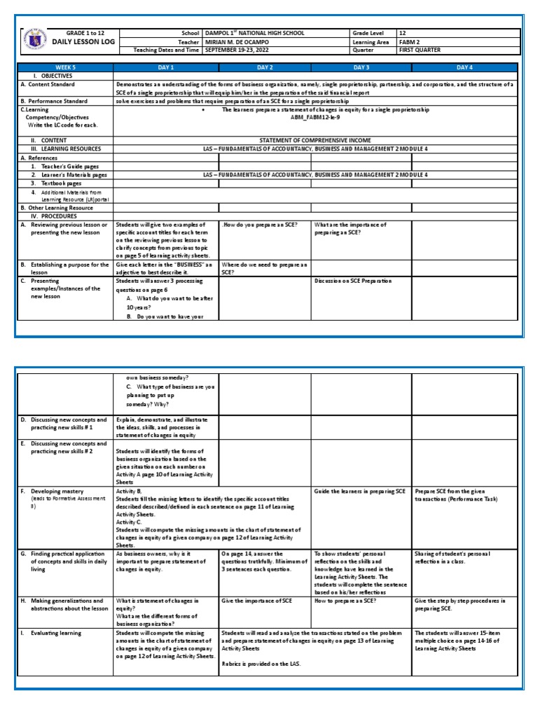 DLL Grade 12 q1 Week 5 Fabm2 | PDF | Learning | Cognition