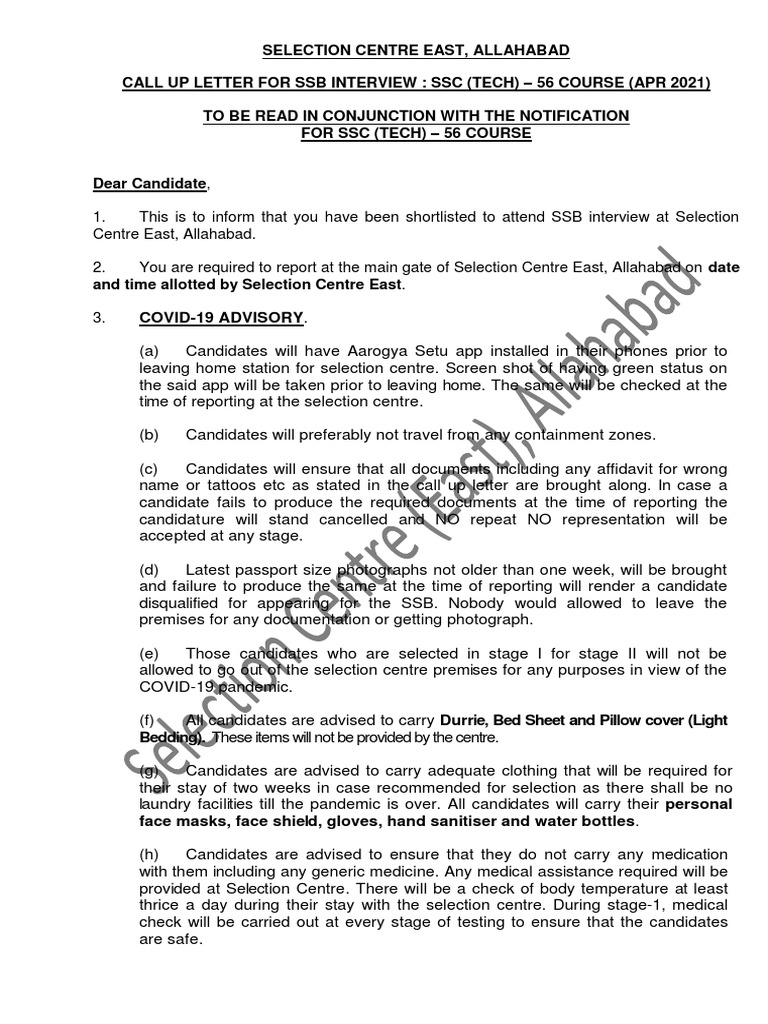 Call Up Letter Sce Allahabad For SSC Tech 56 Course | PDF | Engineering ...
