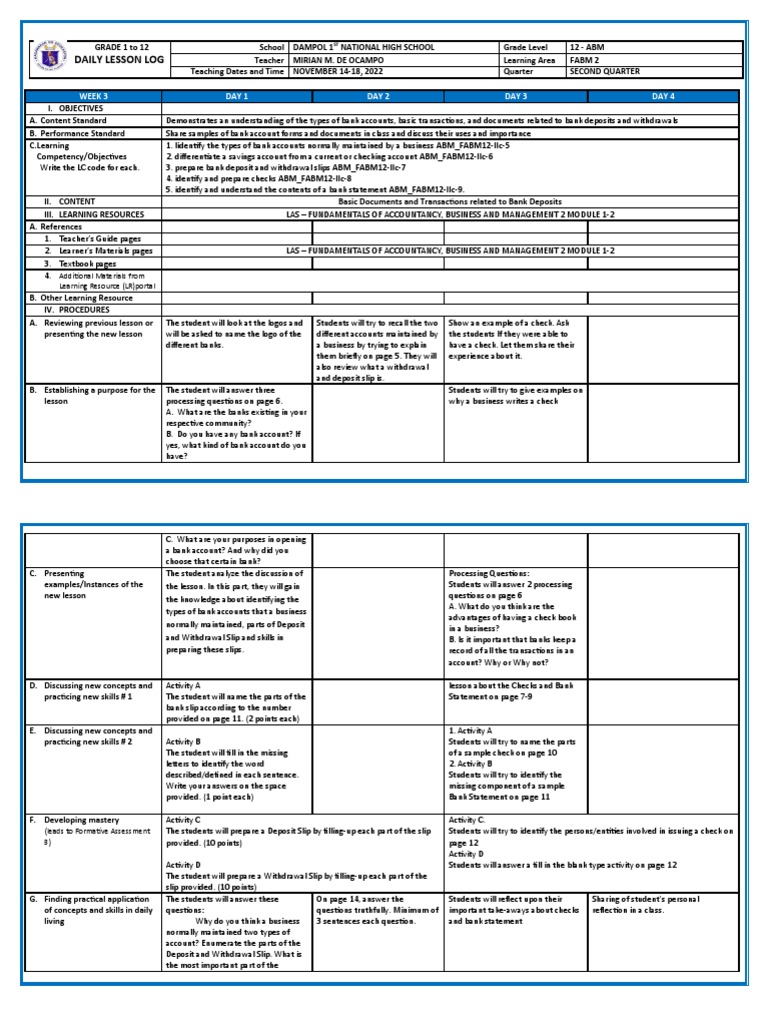 DLL Grade 12 q2 Week 3 Fabm2 | PDF | Banks | Learning