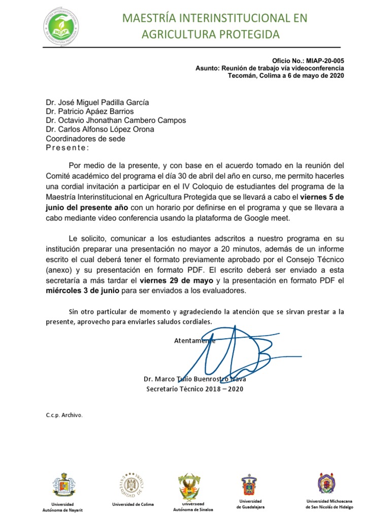 Oficio MIAP20 - 005 IV Seminario Del Programa | PDF