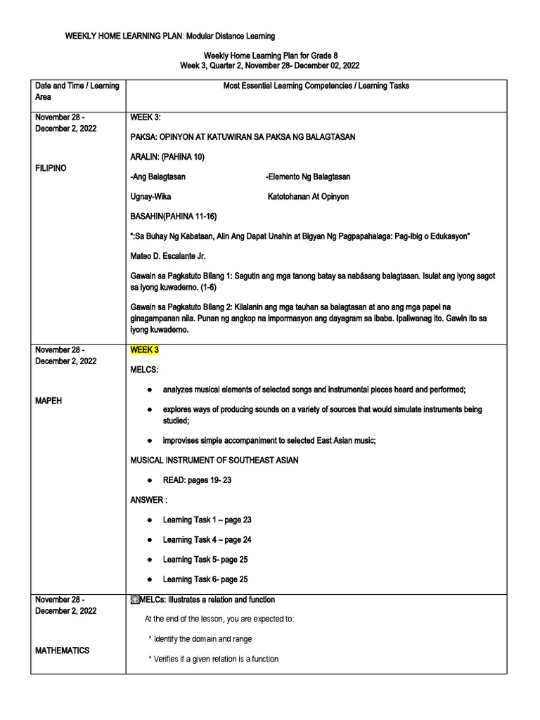 Weekly Home Learning Plan | PDF | Cognition | Cognitive Science