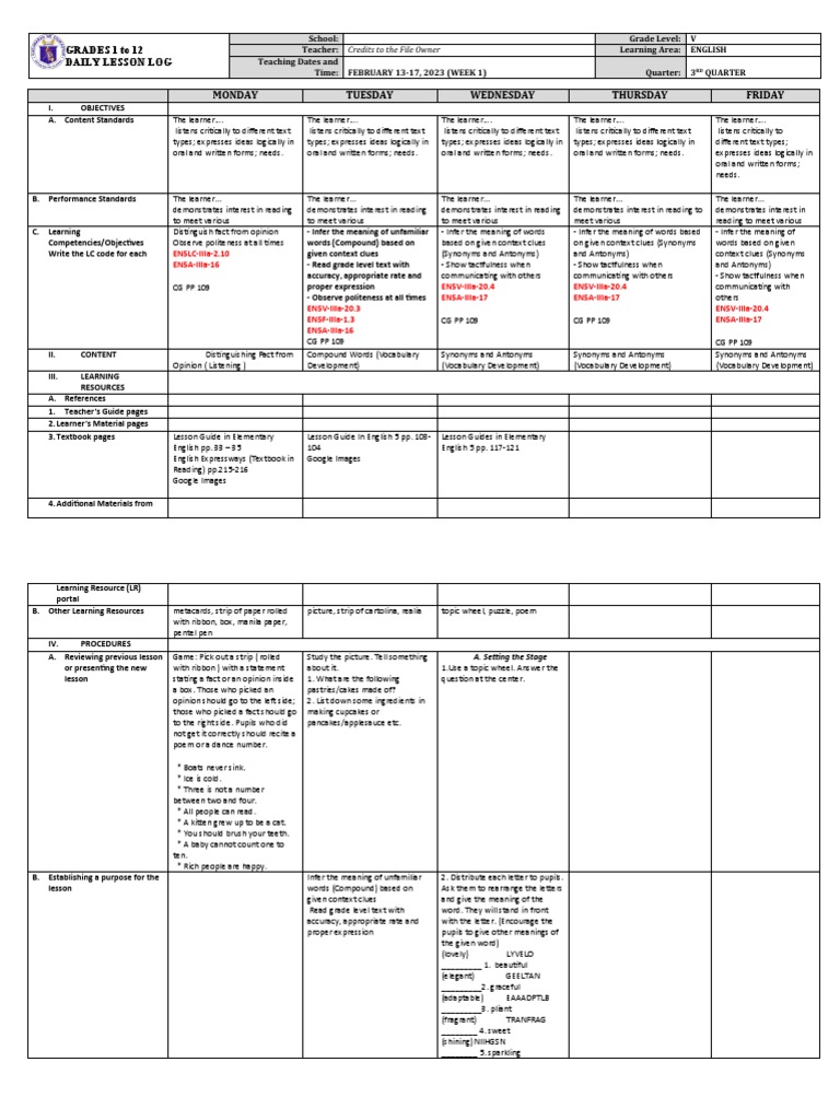 DLL - English 5 - Q3 - W1 | PDF | Learning | Vocabulary