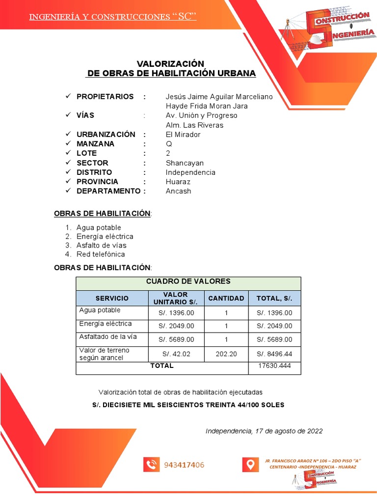 Valorización Obras Urbanas Huaraz | PDF