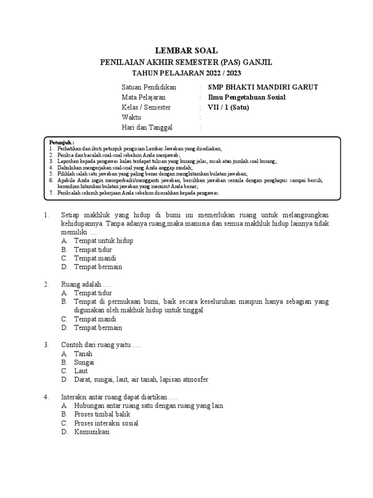 Soal IPS Kelas VII SMP Bhakti Mandiri | PDF