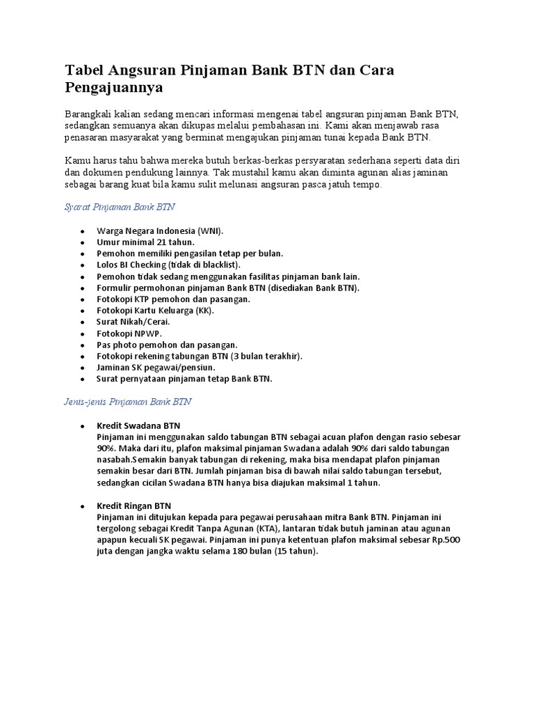 Angsuran & Syarat Pinjaman BTN | PDF