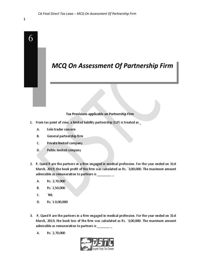 Chapter 7 MCQs On Assessment of Partnership Firm | PDF | Partnership | Limited Liability Partnership