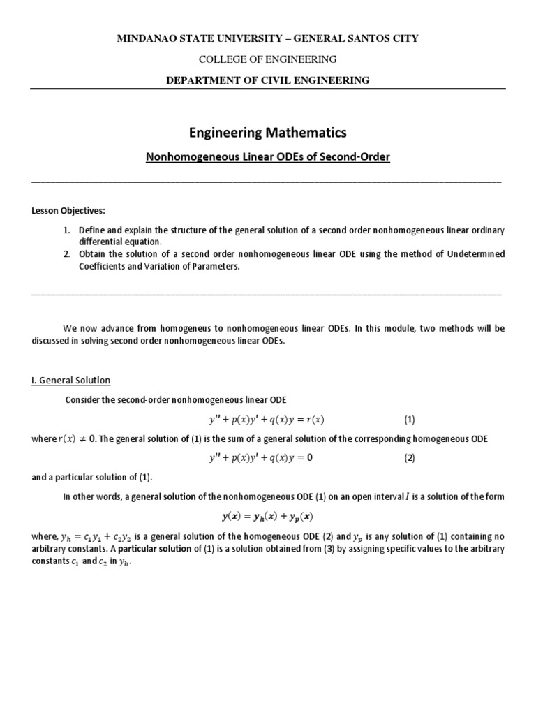 Module 7 Nonhomogeneous Linear Odes Of Second Order Pdf Ordinary
