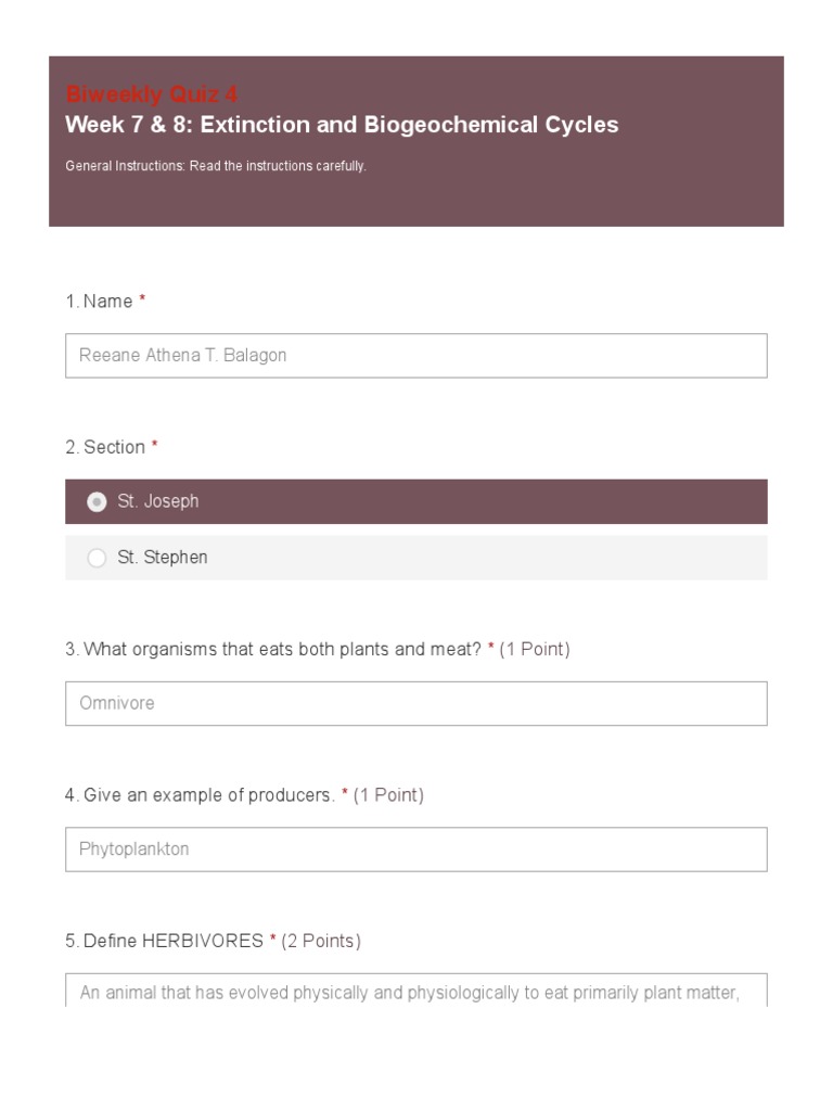 Biweekly Quiz 4 Week 7 & 8 - Extinction and Biogeochemical Cycles | PDF