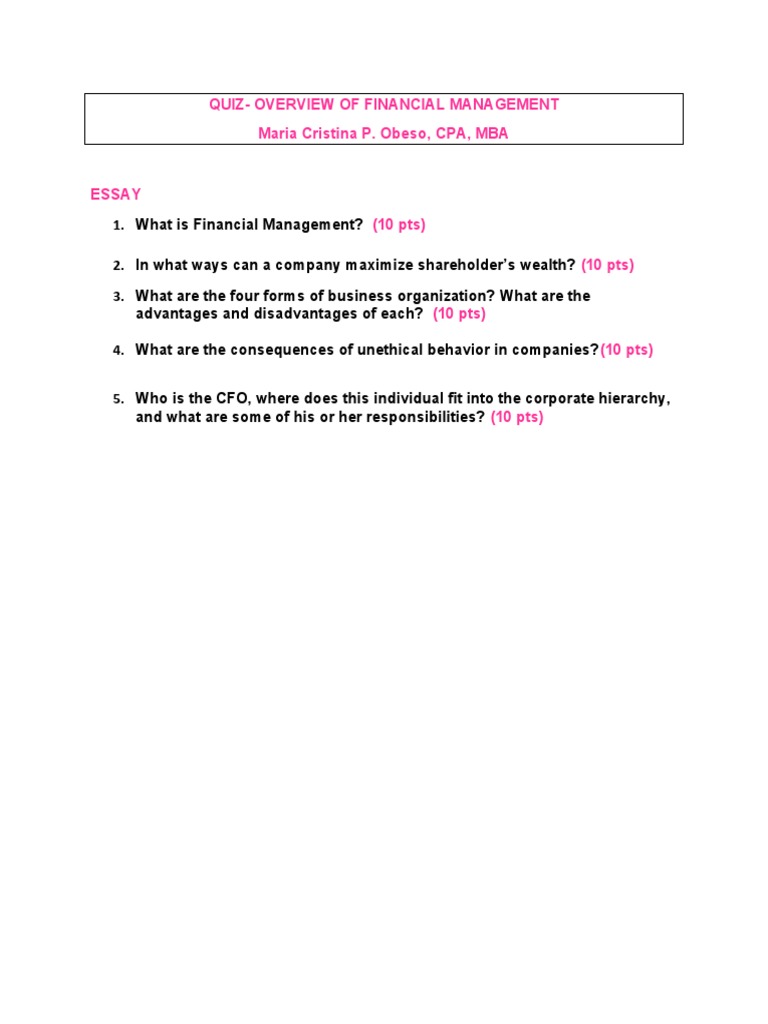 Financial Management Quiz Overview | PDF | Career & Growth