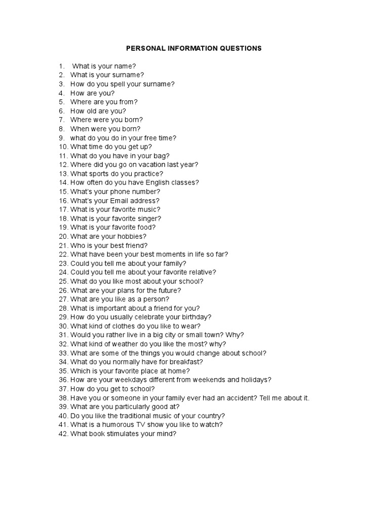 Personal Information Questions | PDF