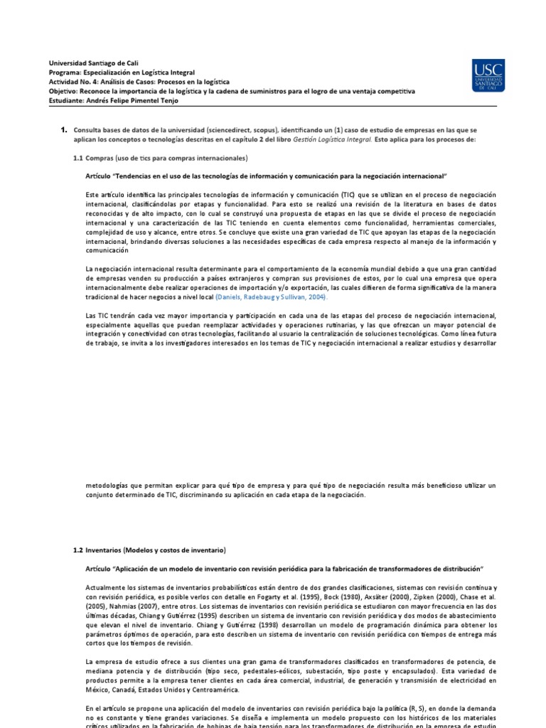 Actividad No. 4 Análisis de Casos Procesos en La Logística | PDF | Transporte | Logística