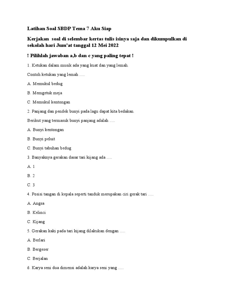 Latihan Soal SBDP Kelas 2 C D | PDF