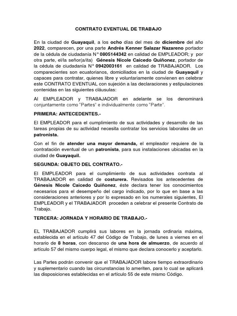 Contrato Eventual de Trabajo Nicole | PDF | Salario