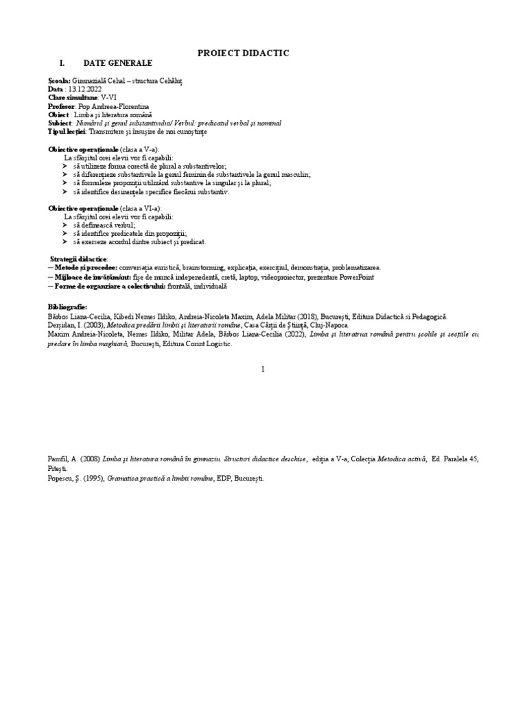 Clasa 56 13.12.inspectie Plan de Lectie Substantivul | PDF