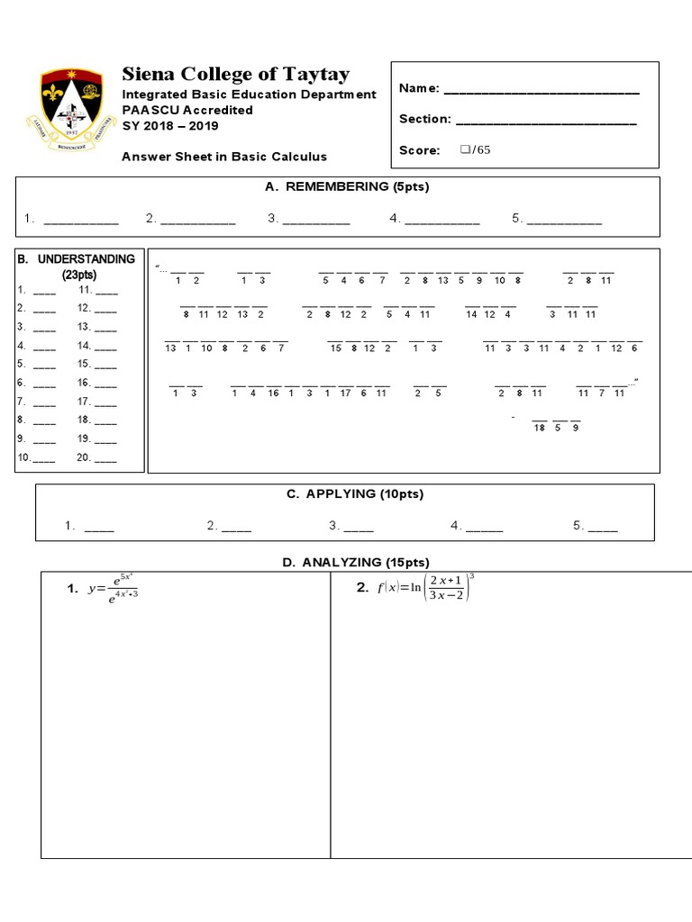 Answer Sheets | PDF | Mathematics | Arithmetic