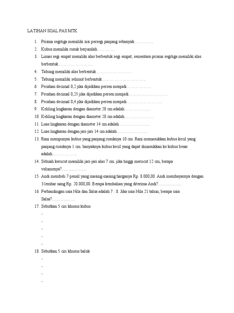 Latihan Soal Pas MTK | PDF