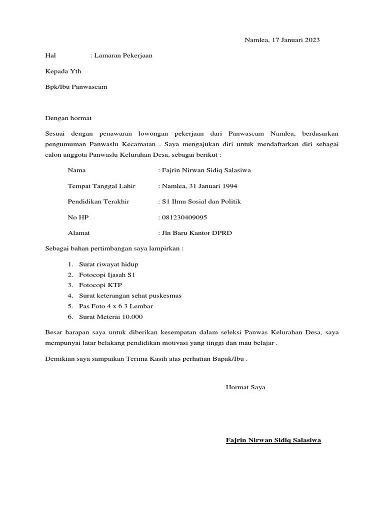 Surat Lamaran Panwas | PDF