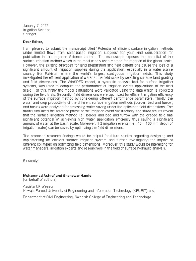 Cover Letter | PDF | Irrigation | Engineering