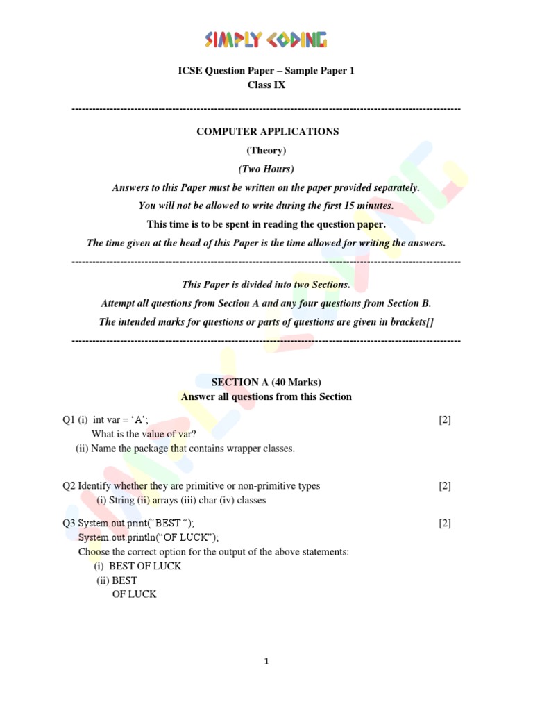 ICSE Class 9 Sample Paper 1 | PDF | Computer Programming | Software ...