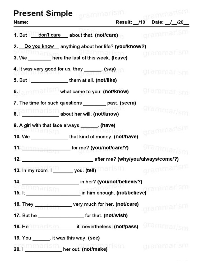 Present Simple Grammar Worksheet | PDF | Language Arts & Discipline | Foreign Language Studies