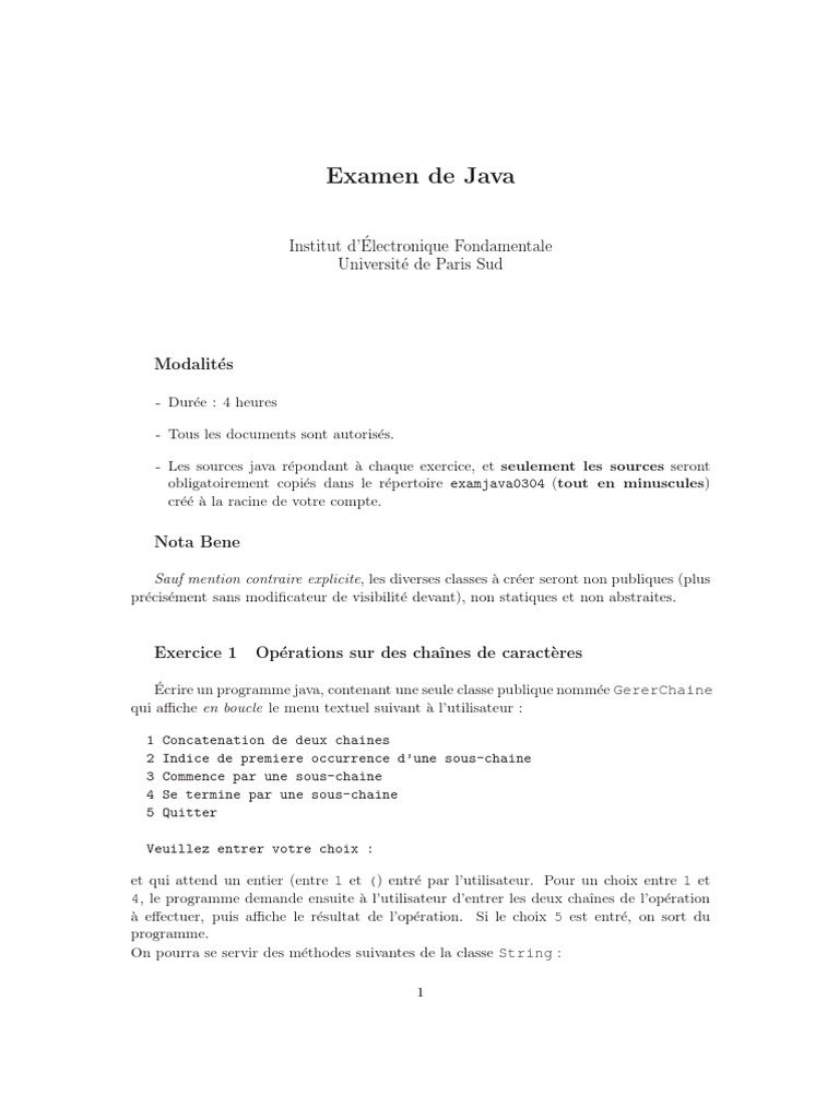 Examen Java : Exercices et Modalités | PDF | Java (Langage de programmation) | Constructeur ...