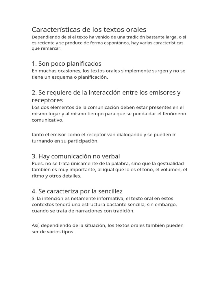 Las Características Del Los Textos Orales | PDF