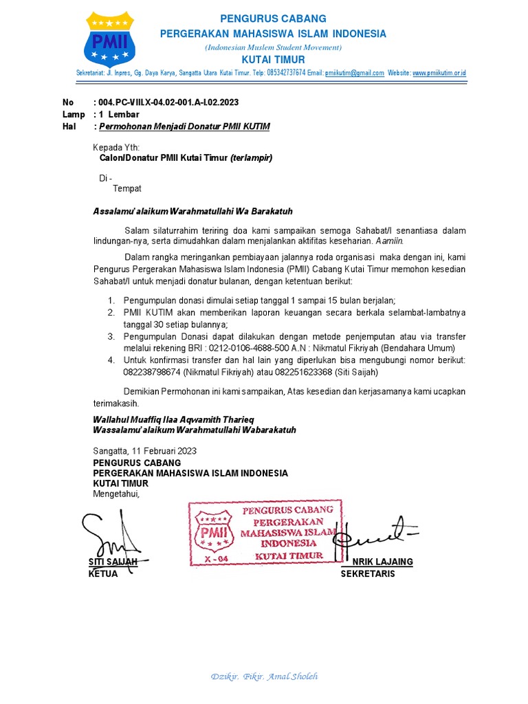 004 Surat Permohonan Donatur Pmii Kutim | PDF