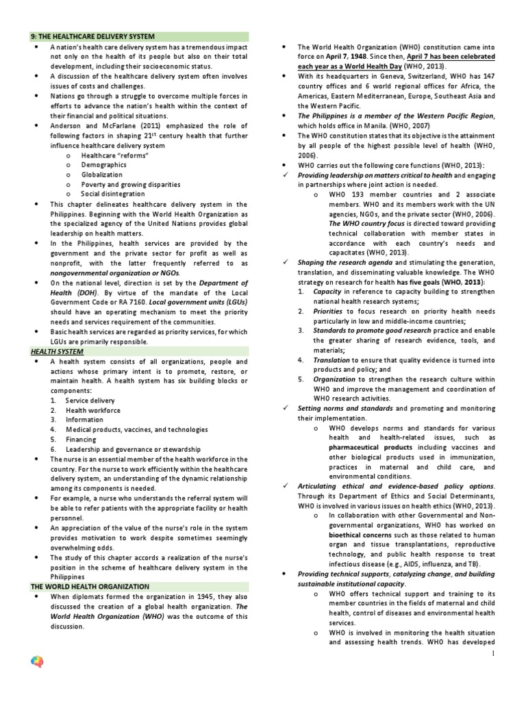 Healthcare Delivery System Notes | PDF | Health Care | World Health ...