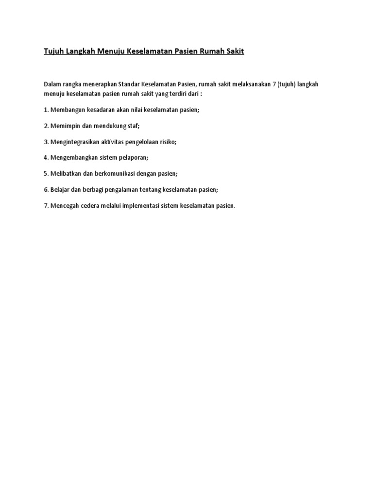 Tujuh Langkah Menuju Kelesamatan Pasien Rumah Sakit | PDF