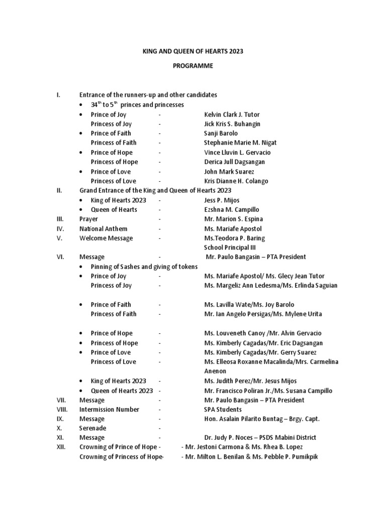 King Queen of Hearts Program | PDF