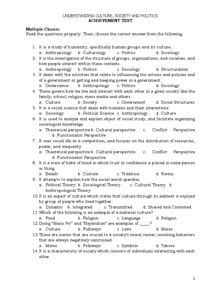 Ap 11 Achievement Test Ucsp | PDF | Sociology | Society
