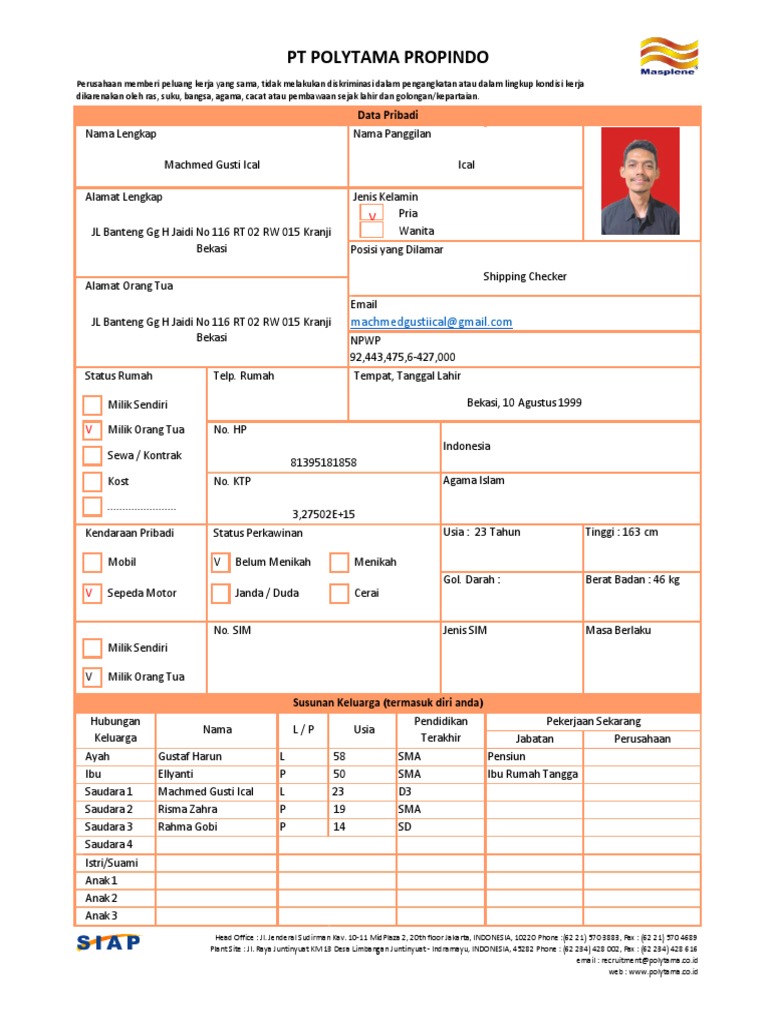 Application Form PT Polytama Propindo | PDF