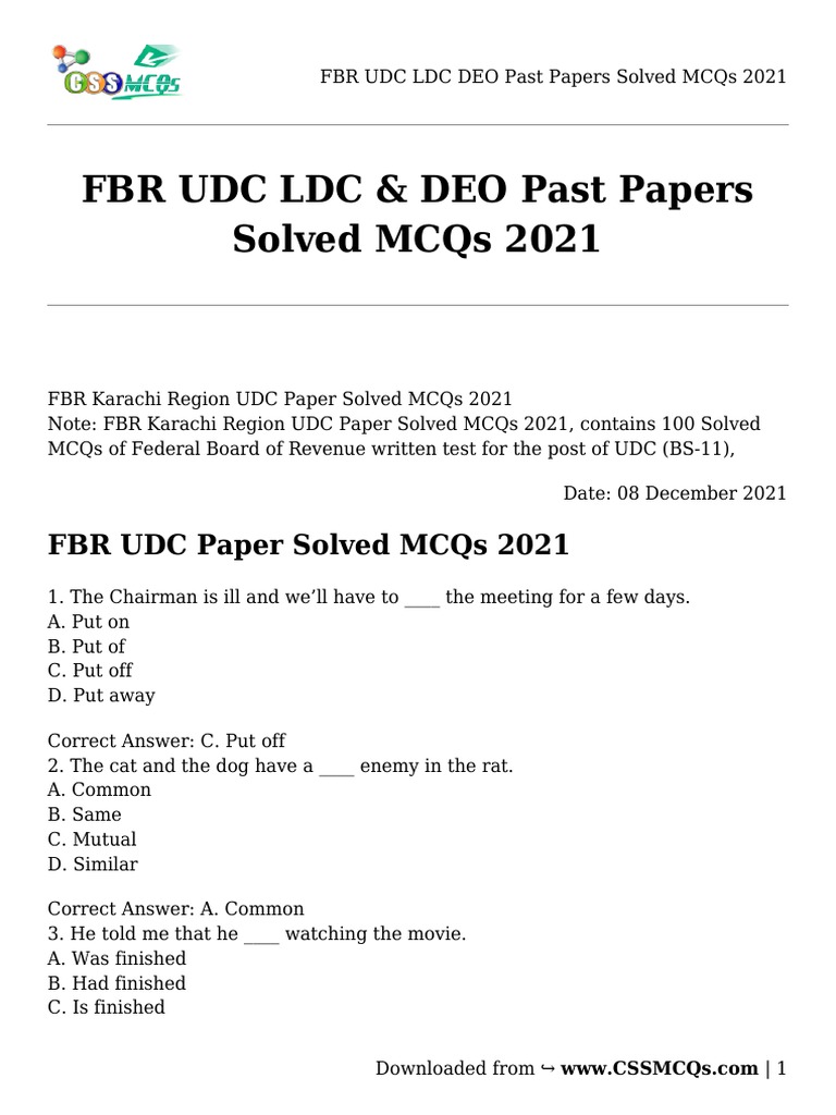 FBR UDC LDC DEO Past Papers Solved MCQs 2021 | PDF | Pakistan
