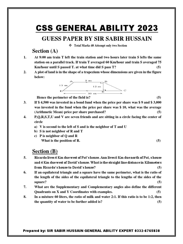 Guess Paper General Ability CSS 2023 by Sir Sabir Hussain | PDF | Elementary Geometry | Geometry