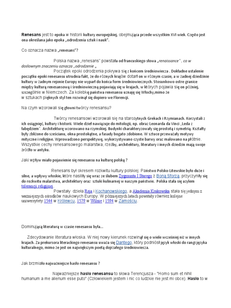 Kultura I Sztuka Polskiego Renesansu | PDF