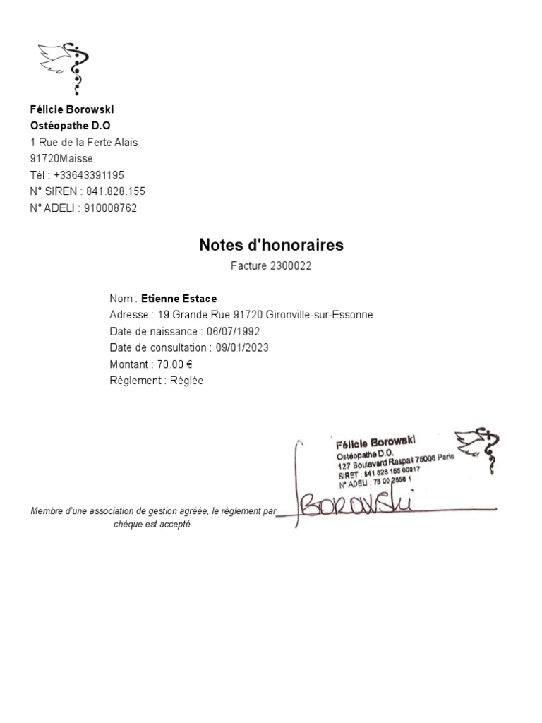 Facture d'honoraires ostéopathe | PDF