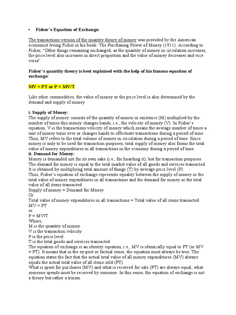 Fisher's Equation of Exchange Explained | PDF | Quantity Theory Of ...