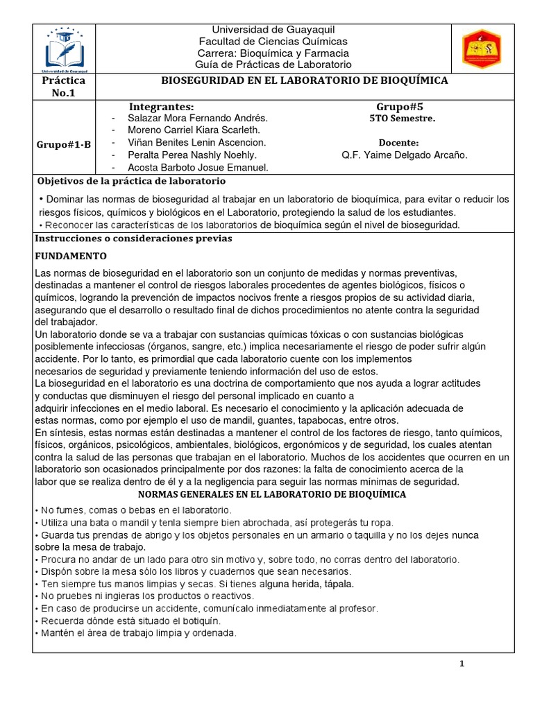 BQII-PR 1-Bioseguridad en El Laboratorio de Bioquímica - G5 | PDF | Laboratorios | Patógeno