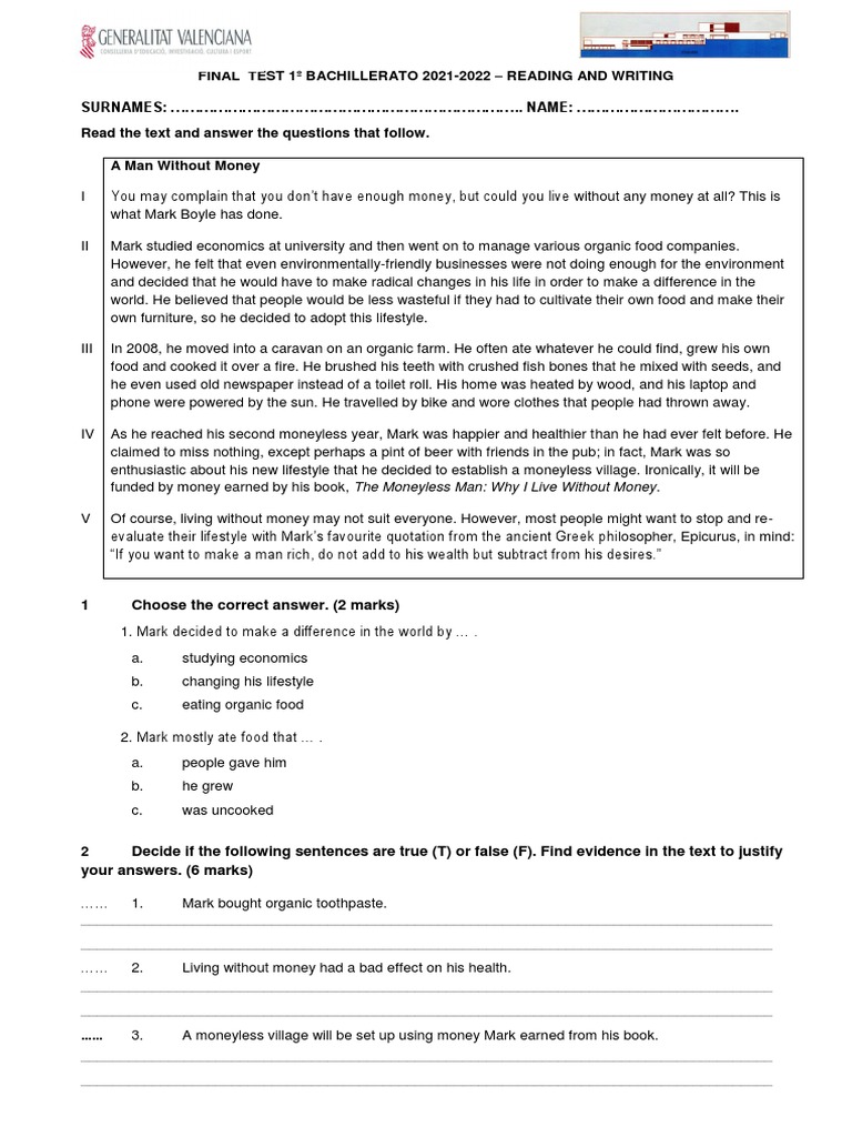 Final Test 1º Bach Reading and Writing | PDF