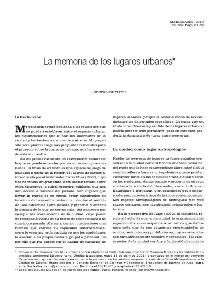 Jodelet La Memoria de Los Lugares Urbanos | PDF | Memoria | Antropología
