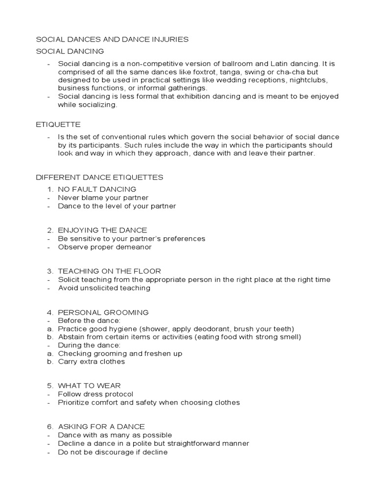 Social Dancing Etiquette and Injuries | PDF | Ballroom Dance | Dances