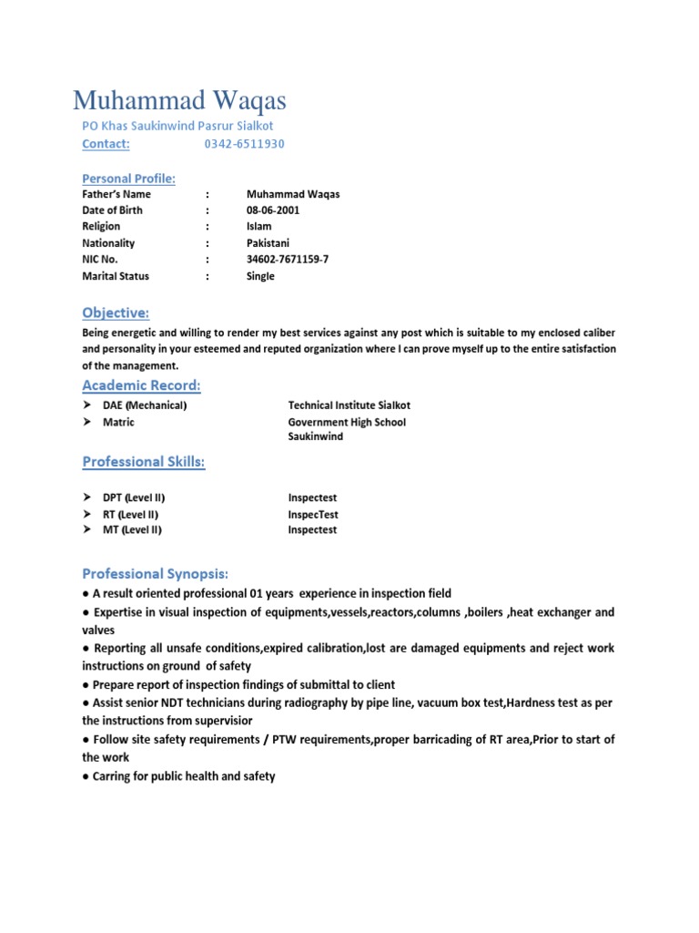 M Waqas Cv Pdf Nondestructive Testing Radiography