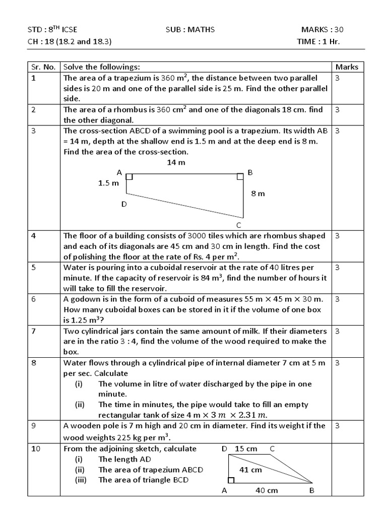 8th Icse Paper CH 18 Maths | PDF | Area | Volume