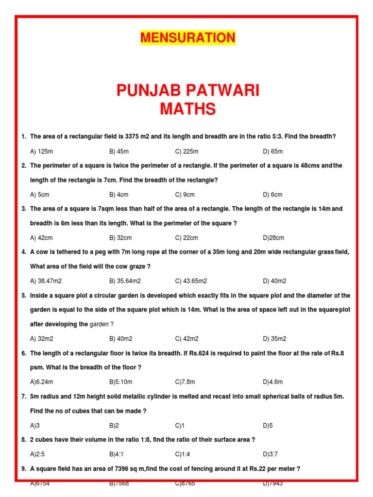 Punjab Patwari Mensuration | PDF | Area | Length