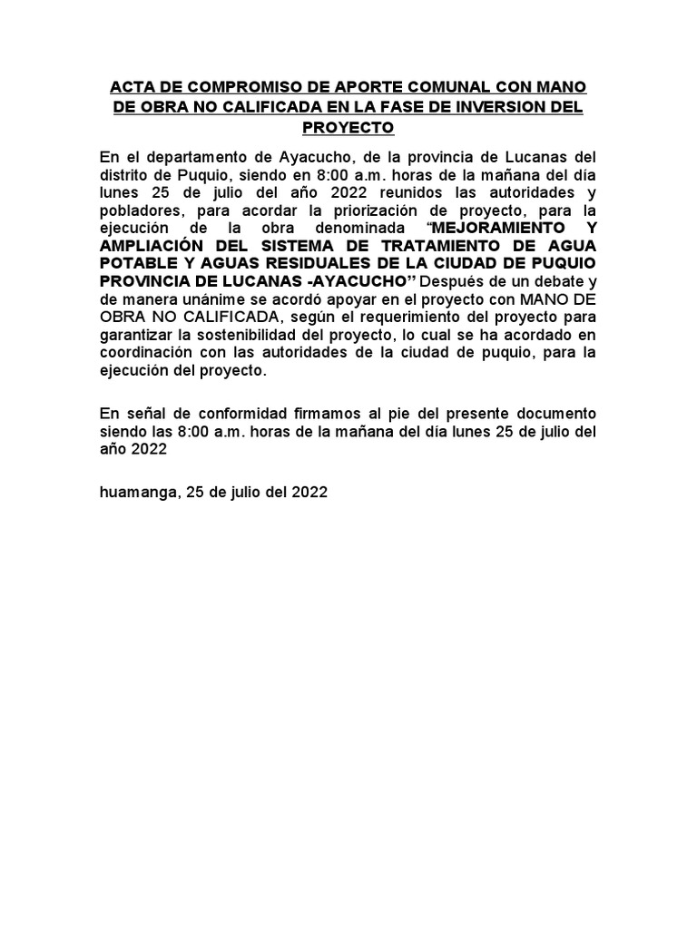 Acta de Compromiso de Aporte Comunal Con Mano de Obra No Calificada en La Fase de Inversion Del ...