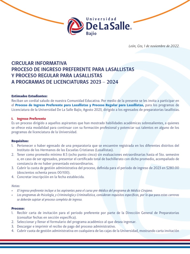 Ingreso Preferente y Regular 2023-2024 Lasallistas | PDF | Negocios